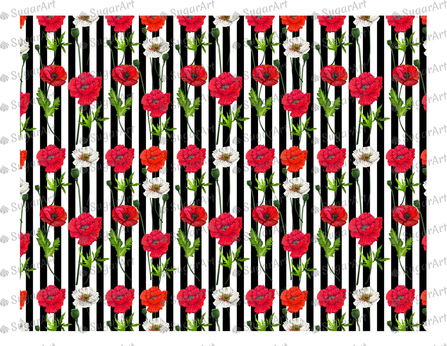 Red Poppy Flowers Pattern Striped- Icing - ISA016 – Sugar Art